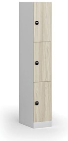 Šatní skříňka S1 s úložnými boxy, 3 boxy, 1850 x 300 x 500 mm, demont, RFID zámek, laminované dveře, dub přírodní