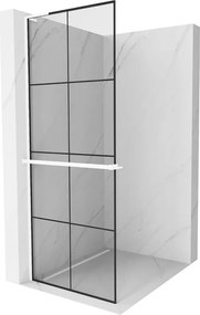 Mexen Kioto+ L, sprchová zástěna Walk-In s poličkou a věšákem 70 x 200 cm, 8mm čiré sklo černý vzor, ​​bílý profil, 800-070-123-20-77
