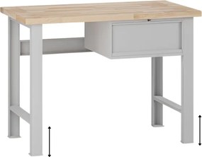 Výškově nastavitelný dílenský stůl G7, buková spárovka, 1200 x 685 x 840-1040 mm, 1x kontejner, 1 zásuvka, šedá