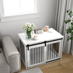 Domácí klec pro psy PawHut, uzamykatelná bouda pro psy s vchodem, box pro psy s posuvnými dveřmi, bouda pro velké psy do 30 kg, bílá, 98 x 58 x 61 cm…