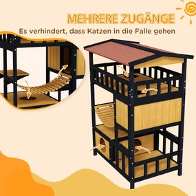 PawHut dřevěný kočičí domek kočičí jeskyně s plošinami, závěsný most, kočičí bouda až pro 2 kočky, vnitřní i venkovní, žlutá barva