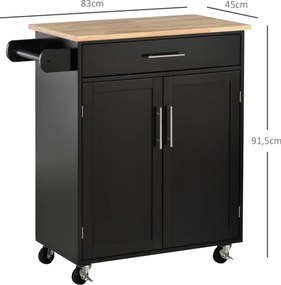 HOMCOM Kuchyňský vozík na kolečkách, Servírovací vozík, Kuchyňský ostrůvek s šuplíkem, skříňkou a držákem na utěrky - 83Š x 45H x 91,5V cm Černý