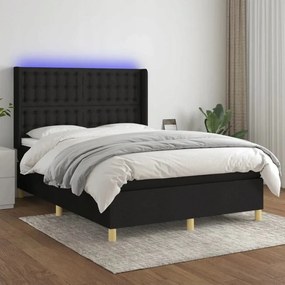Box Spring Postel S Matrací A Led Černá Textil Černá tlačítka 140 x 200 c