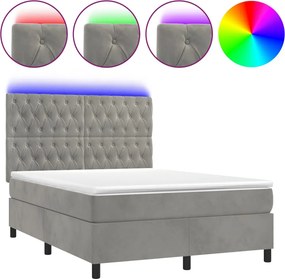 Box spring postel s matrací a LED světle šedá 140x190 cm samet 3136299
