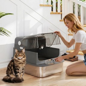 PawHut XXL nerezová krytá toaleta pro velké kočky — sklápěcí kryt, vysoké boky, vrchní vstup, lopatka, odolná vůči zápachu, snadné čištění, černá