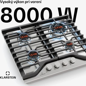 Klarstein Plynová varná deska Turbocast, 304 nerezová ocel, 4 hořáky, profesionální litinový držák, hořák wok