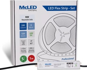 McLED LED pásek - sada 1 m, 240 LED/m, NW, 6 W/m, DC 24V, 520 lm/m, CRI90, IP67, 10 mm, vodič 3 m ML-126.033.90.S01001