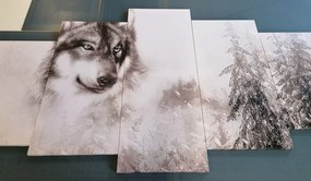 5-dílný obraz vlk v zasněžené krajině v černobílém provedení Varianta: 100x50