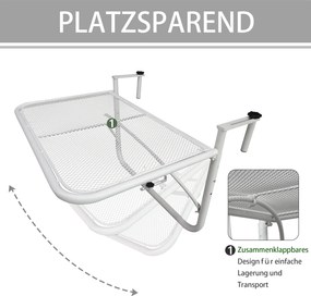 Outsunny balkonový závěsný stůl výškově nastavitelný čtvercový zahradní stůl kovový bílý 60x56,5x45cm pro terasu a zahradu | Aosom.de