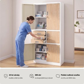 Kovová kancelářská skříň se sejfem bílá, dub sonoma, 900x1850x400 mm: FILIP II Eco Design