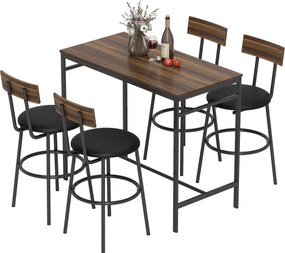 HOMCOM 5dílná sada barového stolu se 4 židlemi, průmyslový design, do kuchyně, jídelny, dřevo, ocel, hnědá