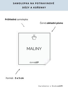 MALINY – průhledná samolepka na dózu, základní písmo, 5 x 5 cm | DomaLEP
