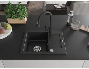 Mexen Enzo, 1-komorový granitový dřez 576x465x174 mm a dřezová baterie Elia, černá, 65066506-77-670101-70