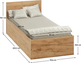 Postel s kovovým roštem a úložným prostorem, 90x200, dub craft zlatý, DOLI