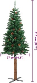 Úzký vánoční stromek pravé dřevo a šišky zelený 210 cm PVC 320959