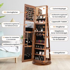 Costway Otočná skříňka na šperky o 360° s tříbarevnými LED světly Volně – dřevo