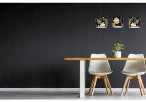 Závěsné svítidlo Gold Flowers, 3x černé textilní stínítko s květinovým vzorem