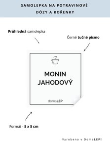 Samolepka na láhev MONIN JAHODOVÝ 5 x 5 cm – průhledná vinylová, voděodolná, omyvatelná samolepka na dózy, tučné písmo