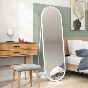 HOMCOM Zrcadlo na celé tělo, 160 x 40 cm Nástěnné zrcadlo se stojanem, Kovový rám, Oválné podlahové zrcadlo do obývacího pokoje, ložnice, Bílá