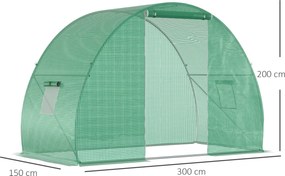 Zimní skleník Outsunny s tunelovým designem, plocha 4,5 m², rozměry 3L x 1,5W x 2H m, vyztužený rám, zipové dveře, 2 okna pro ventilaci, zelený