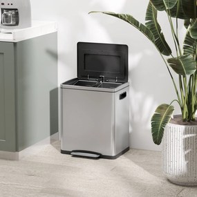 HOMCOM 40L x 34.8Š x 47.5V cm Stříbrný Pedálový Koš na Odpadky s 2 Kompartmenty, Nerezová Ocel s Tichým Víkem, Odnímatelné Vnitřní Kbelíky