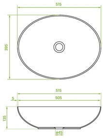 Laveo Desna, umyvadlo na desku 515x395x135 mm, černá matná, LAV-VUD_B251