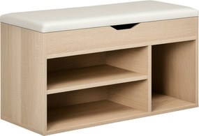 HOMCOM Úsporný čalouněný botník s uložením, botník se 3 přihrádkami, sedák z PU kůže, pro obývací pokoj a chodbu, 80x30x43 cm, dřevěná barva | Aosom