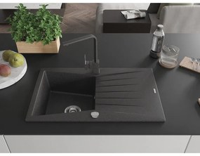 Mexen Cesar, granitový dřez 775x470x190 mm, 1-komorový, černá skvrnitá s chromovým sifonem a černá skvrnitá dřezová baterie Rita, 6514-76-670300-76