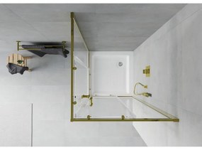 Mexen Rio, čtvercový sprchový kout s posuvnými dveřmi 80 (dveře) x 80 (dveře) x 190 cm, 5mm čiré sklo, zlatý profil + bílá sprchová vanička RIO, 860-080-080-50-00-4510