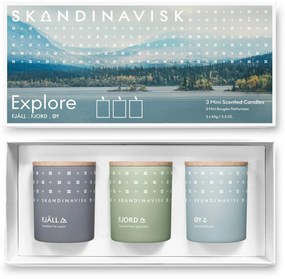 SKANDINAVISK Dárková sada mini svíček Explore - 3 x 65 g, modrá barva, zelená barva, šedá barva, sklo, dřevo, vosk
