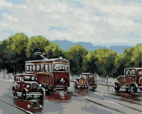Malování podle čísel tramvaj s auty, 40x50 cm, bez rámu a bez vypnutí plátna
