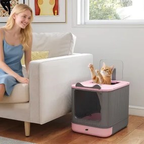 PawHut Uzavřená kočičí toaleta M se skládacím víkem, horní výstup, lopatka, sáček proti zápachu, snadno čistitelná, růžová