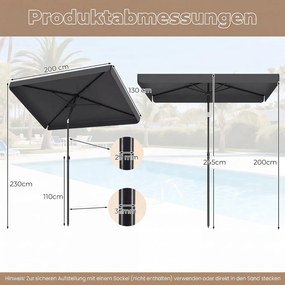 Costway Slunečník Obdélníkový s úhlem sklonu 30° Ohebný – 200 × 130 cm, šedá