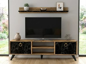 TV stolek ZEN 160 cm s nástěnnou policí, dekor ořech/černý mramor