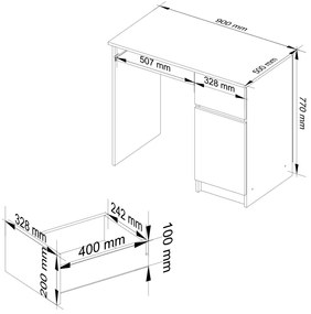 Počítačový stůl PIKSEL 90 cm šedý/dub sonoma pravý