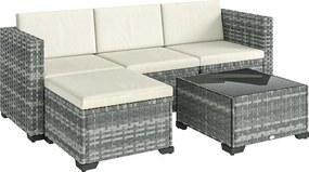 Polyratanový zahradní nábytek 5dílný, lounge set s rohovou pohovkou s taburetem, sedákem a opěrnými polštáři šedý+krémově bílý