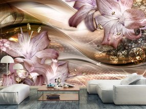 Fototapeta Magické lilie - motiv květin na hnědozlaté kompozici s vlnami