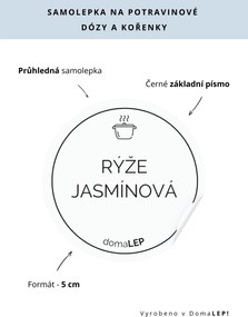 RÝŽE JASMÍNOVÁ – průhledná samolepka na dózu, základní písmo, 5 cm | DomaLEP