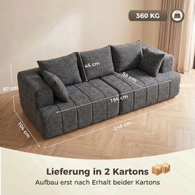 HOMCOM 3místná čenilová pohovka, 248 cm, moderní obývací pohovka s hlubokým polstrováním a taštičkovými pružinami, širokými područkami, 2 polštáři, p…
