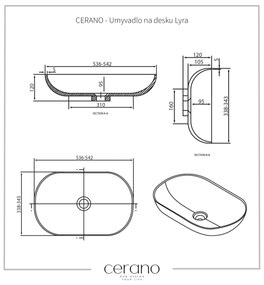 CERANO - Umyvadlo na desku z litého mramoru Lyra - černá matná - 54x34 cm