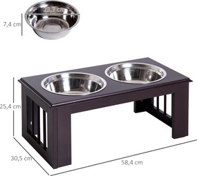 PawHut Vyvýšená miska pro psy s nerezovými miskami, miska na krmivo z MDF v barvě kávy, 58,4 x 30,5 x 25,4 cm, ideální pro domácí zvířata | Aosom.de