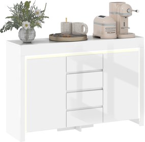 HOMCOM komoda do obývacího pokoje, úložný nábytek s LED osvětlením, 4 zásuvky, dveře s tichým zavíráním, 120 x 34 x 80 cm, vysoký lesk bílá