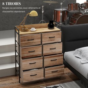 HOMCOM Skříň s úložným prostorem, komoda s 8 odejmoutelnými textilními zásuvkami, horní policí a ocelovým rámem 79L x 29W x 101H cm Přírodní a Černá