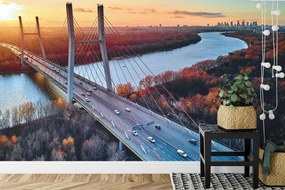 Fototapeta Beautiful Panoramic Aerial Drone View To Cable-Stayed Siekierkowski Bridge Over The Vistula River And Warsaw City Skyscrapers, Poland In Gold Red Autumn Colors In November Evening At Sunset Vliesová tapeta 450x300