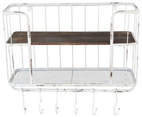 Bílá závěsná polička s háčky a patinou – 60x23x51 cm