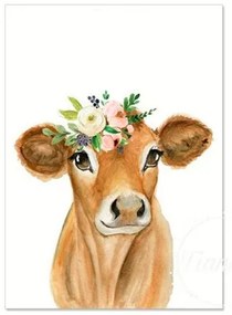 Plátno - obrázek - zvířátka s věnečkem Motiv: TX2156Q hnědá kravička, Rozměry (cm): 20x25 cm