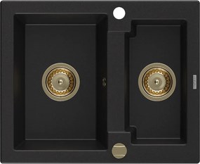 Mexen Carlos, granitový dřez 582x475x177 mm, 1,5-komorový, černá se zlatým sifonem, 6518581500-77-G