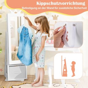 Costway Dětská skříňka na šperky 3 v 1 se zrcadlem po celé délce a úložným košem