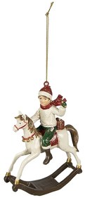Bílá vánoční závěsná dekorace chlapec na houpacím koníkovi - 9*5*12 cm