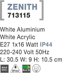 NV 713115 Venkovní nástěnné svítidlo ZENITH bílý hliník bílý akrylový difuzor E27 1x12W 220-240V bez žárovky IP44 - NOVA LUCE